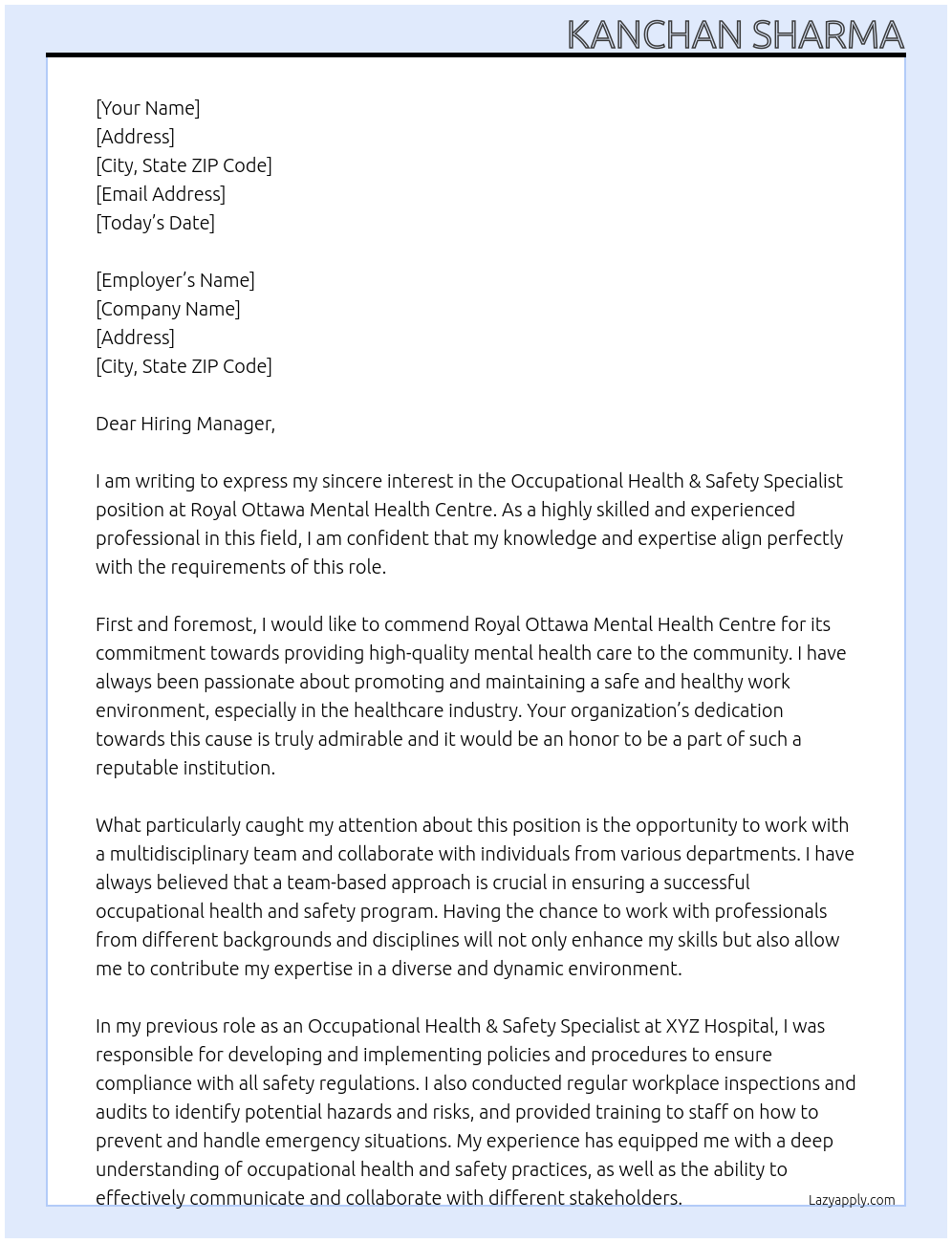 Cover letter for occupational health & safety specialist - LazyApply