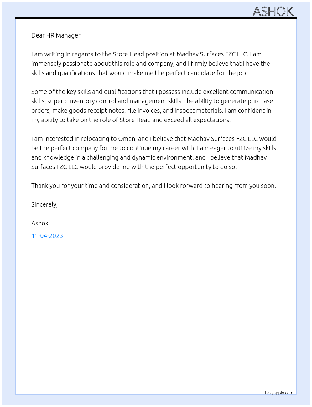 Cover letter for store head - LazyApply