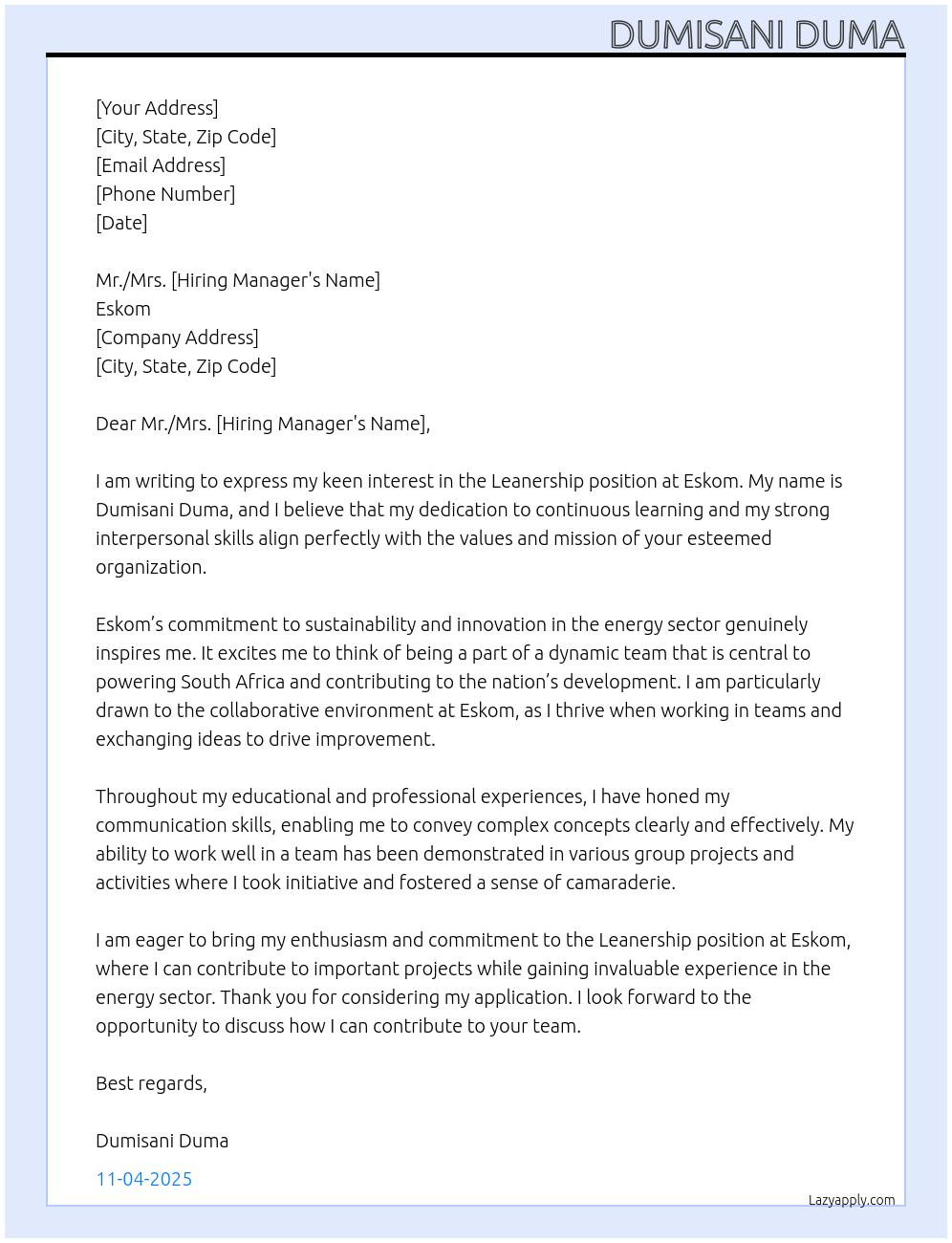 Cover letter for leanership - LazyApply