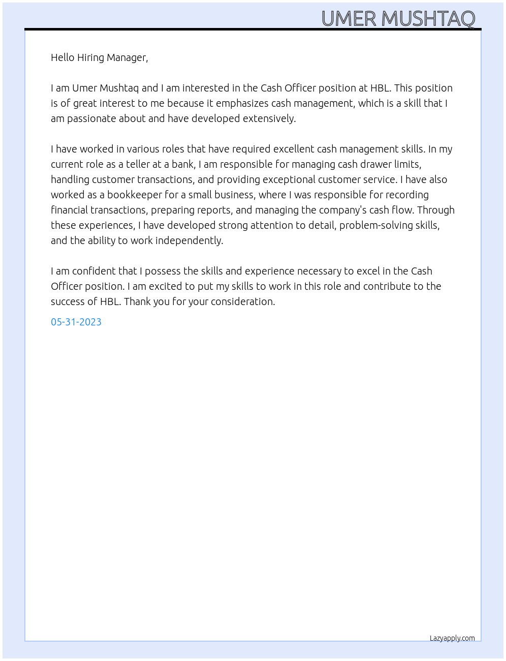 Cover letter for cash officer - LazyApply