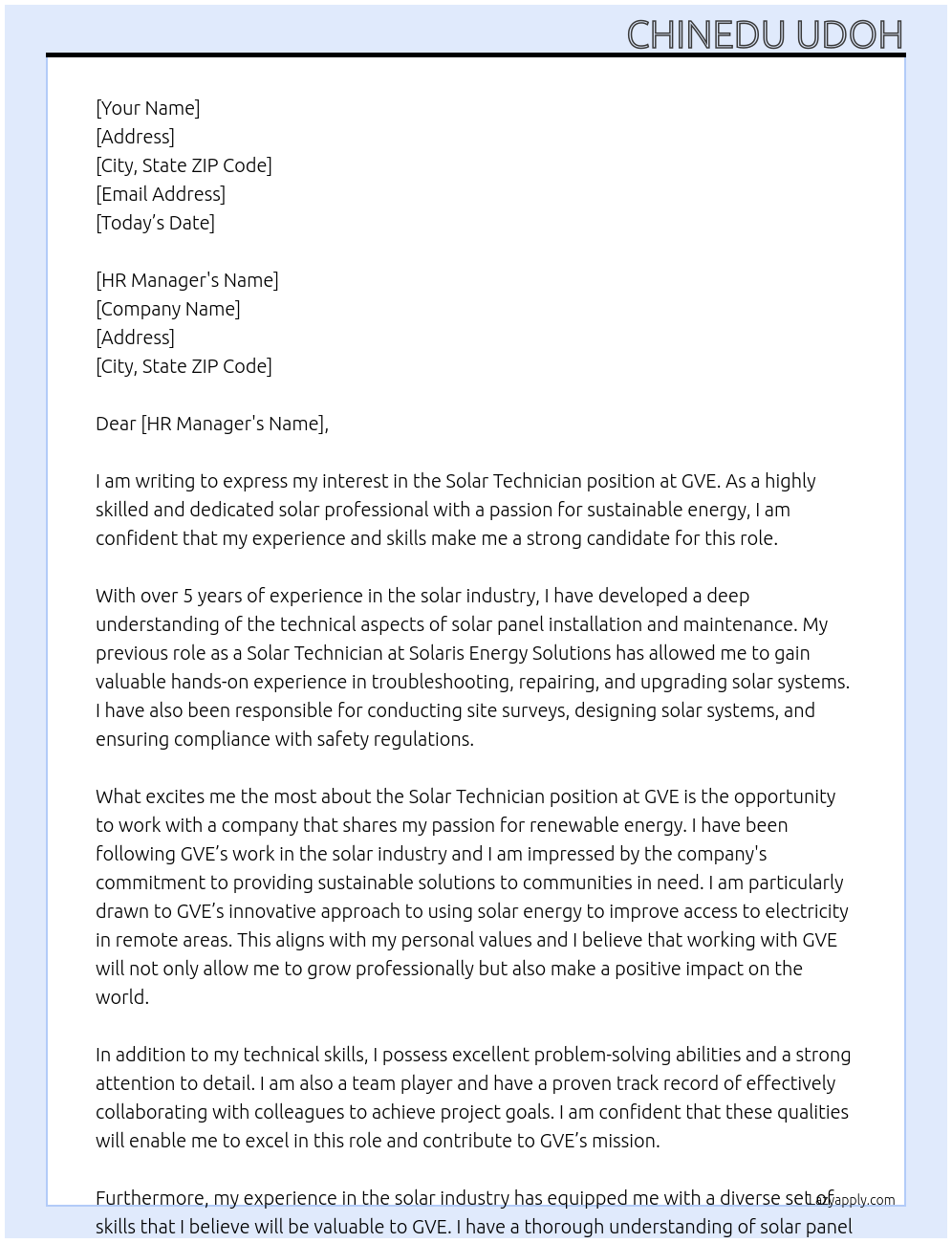 Cover letter for solar technician - LazyApply