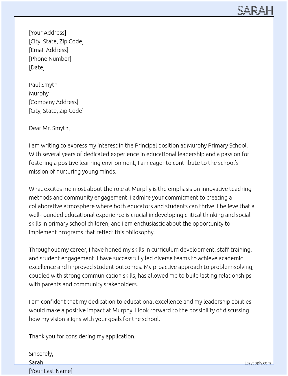 Cover letter for principal of primary school - LazyApply