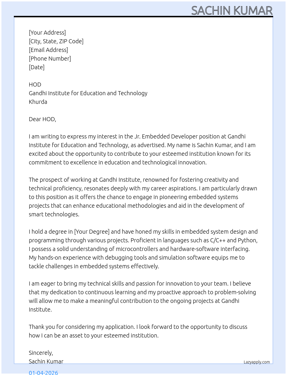 Cover letter for jr.embedded developers - LazyApply