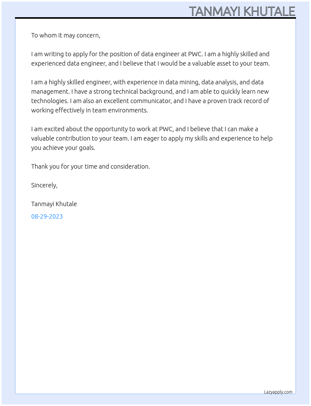 Cover letter for data engineer - LazyApply