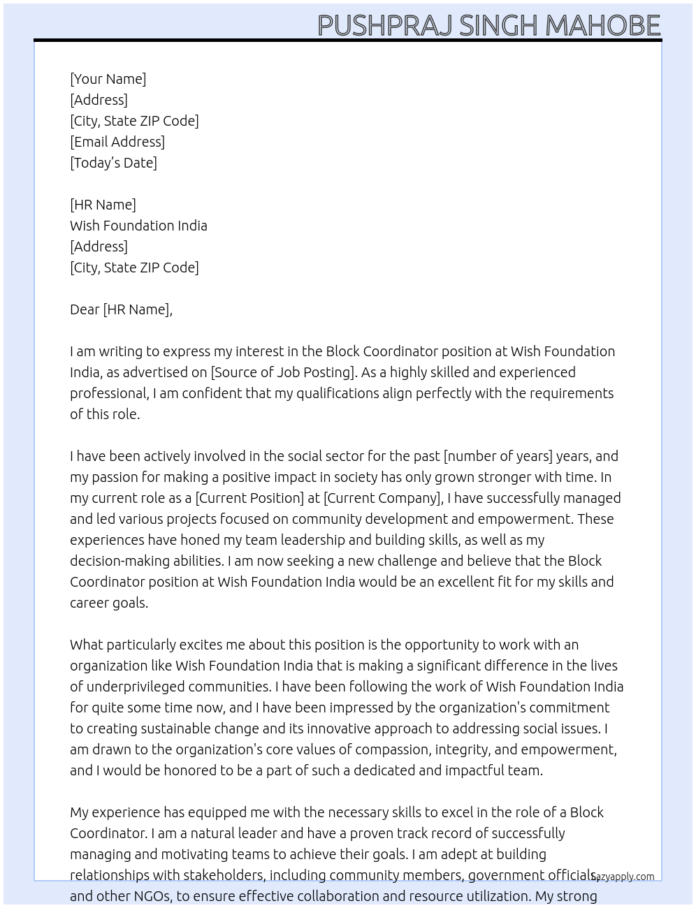 Cover letter for block coordinator - LazyApply