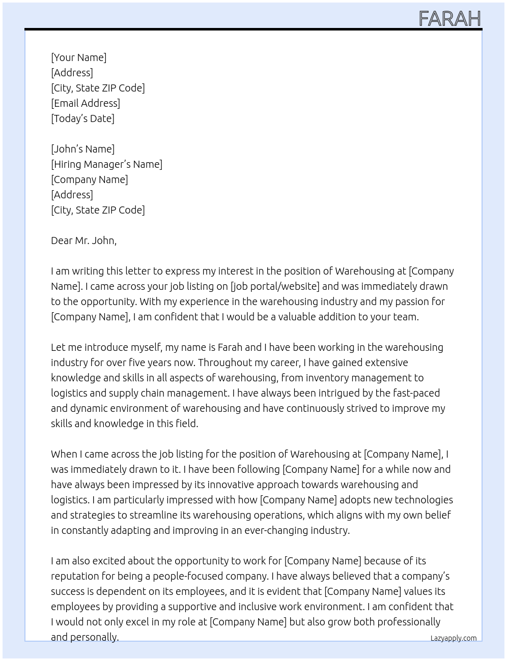 Cover letter for warehousing - LazyApply
