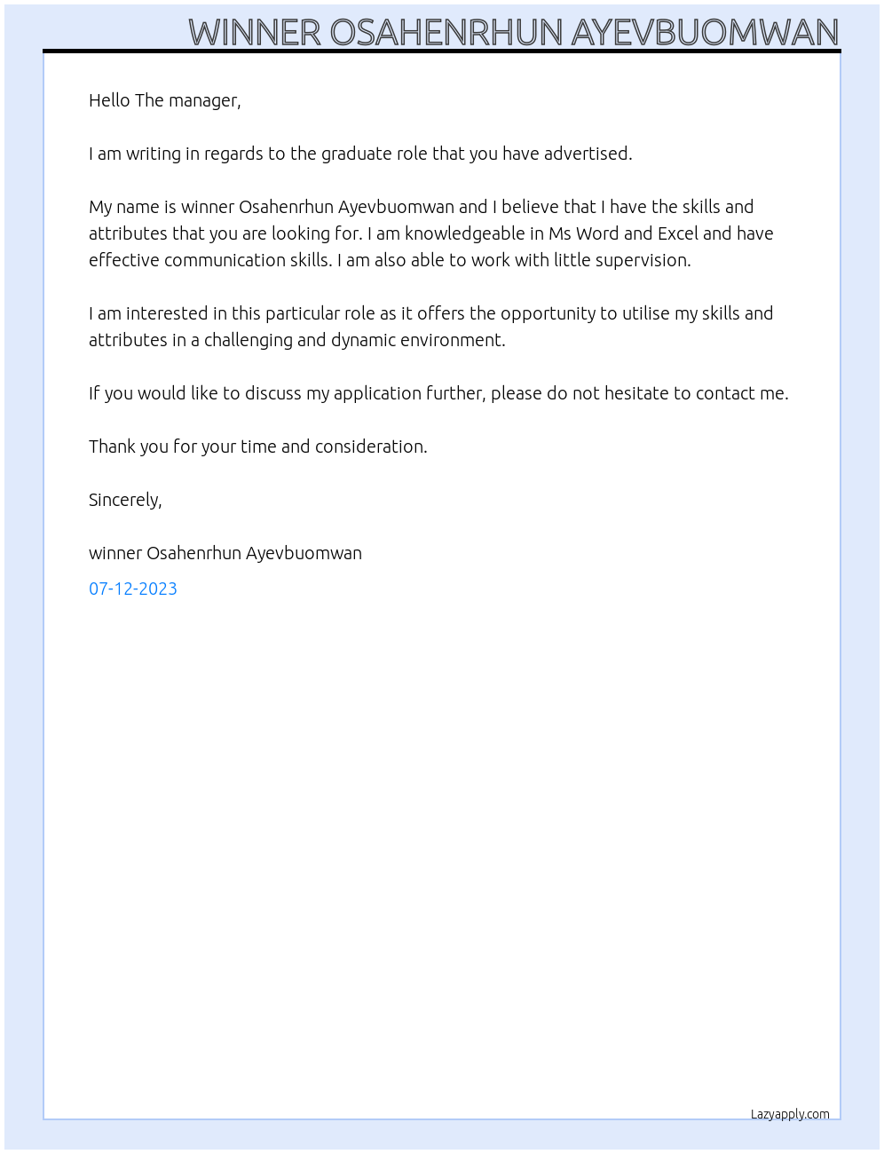 Cover letter for graduate role - LazyApply