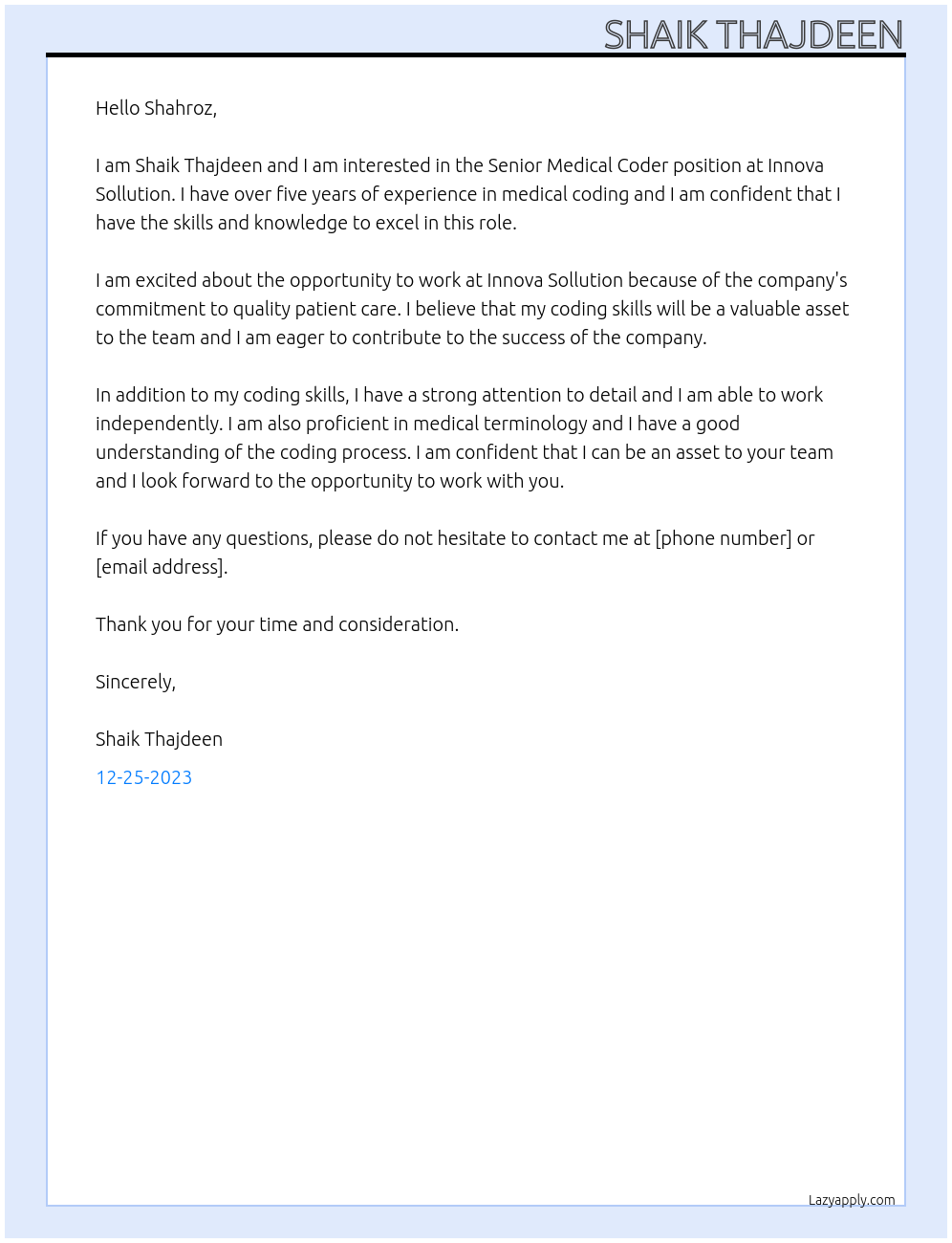 Cover letter for senior medical coder - LazyApply