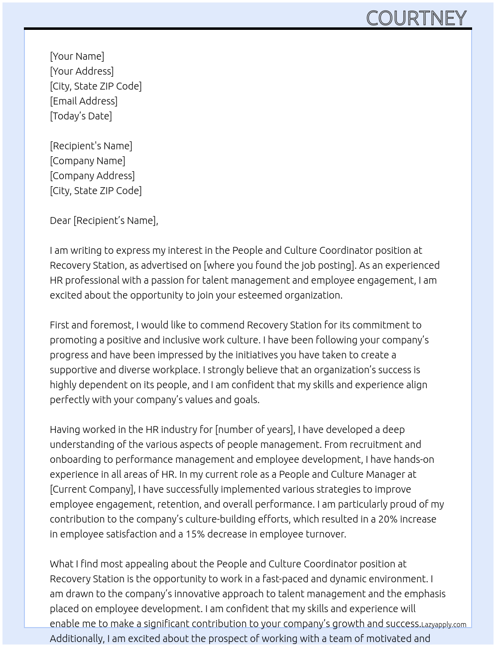 Cover letter for people and culture coordinator - LazyApply