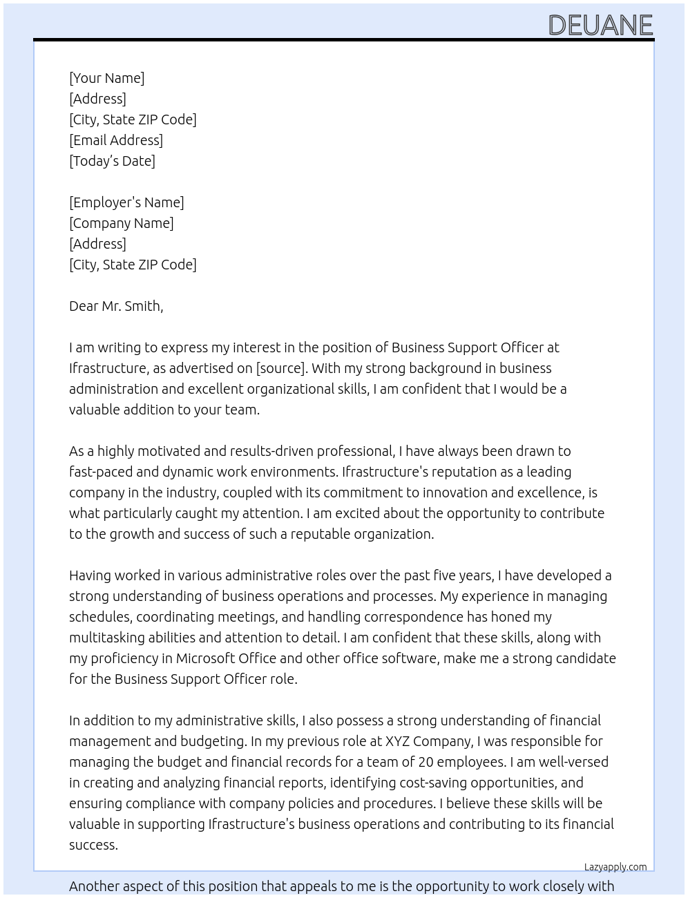 Cover letter for business support officer - LazyApply