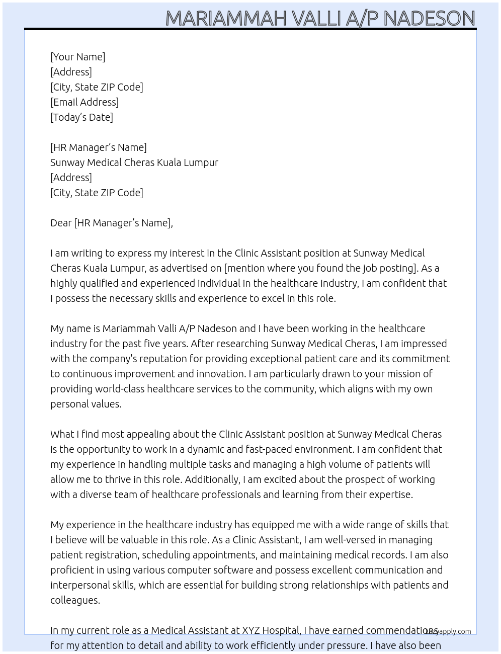 Cover letter for clinic assistant - LazyApply