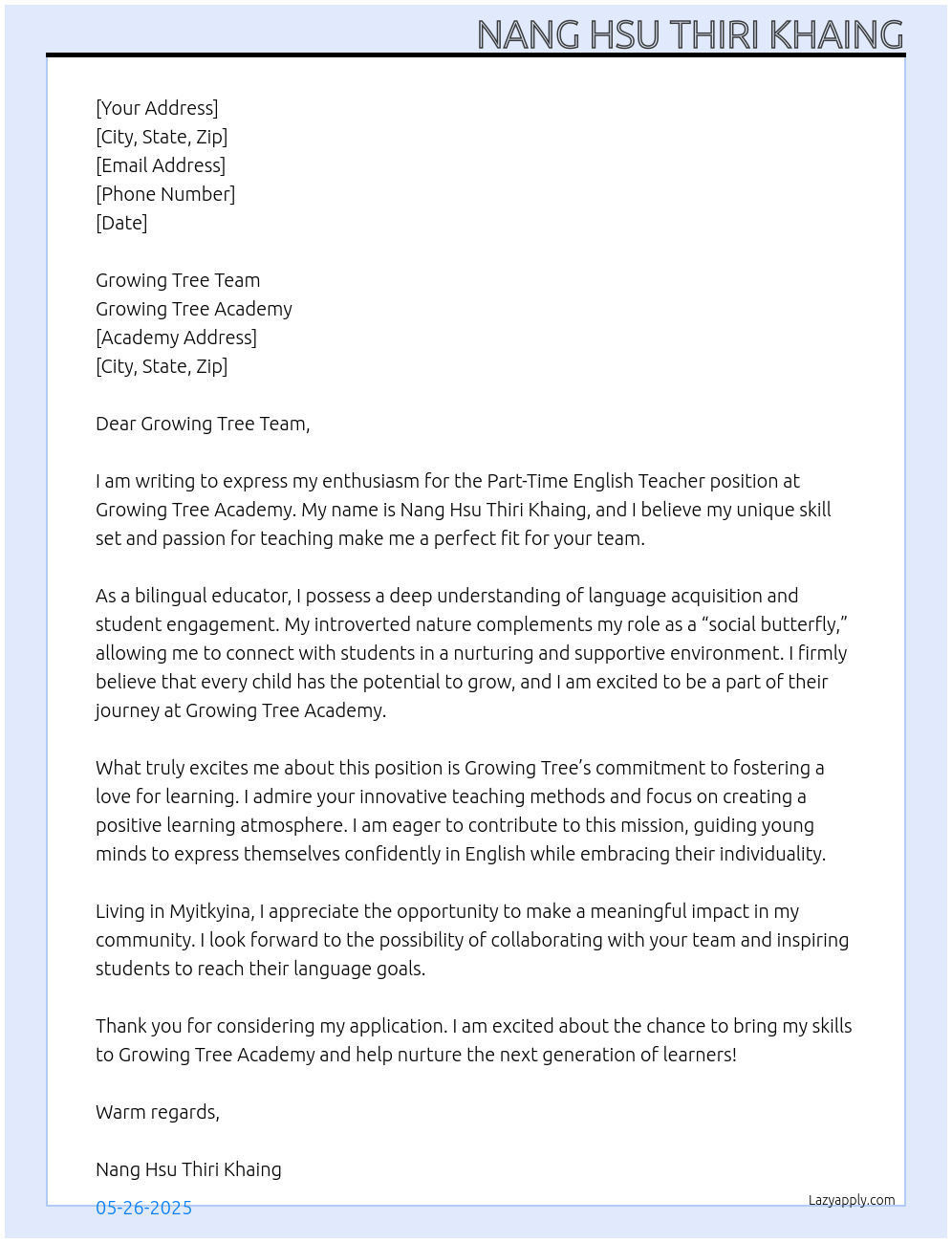 Cover letter for part time english teacher - LazyApply