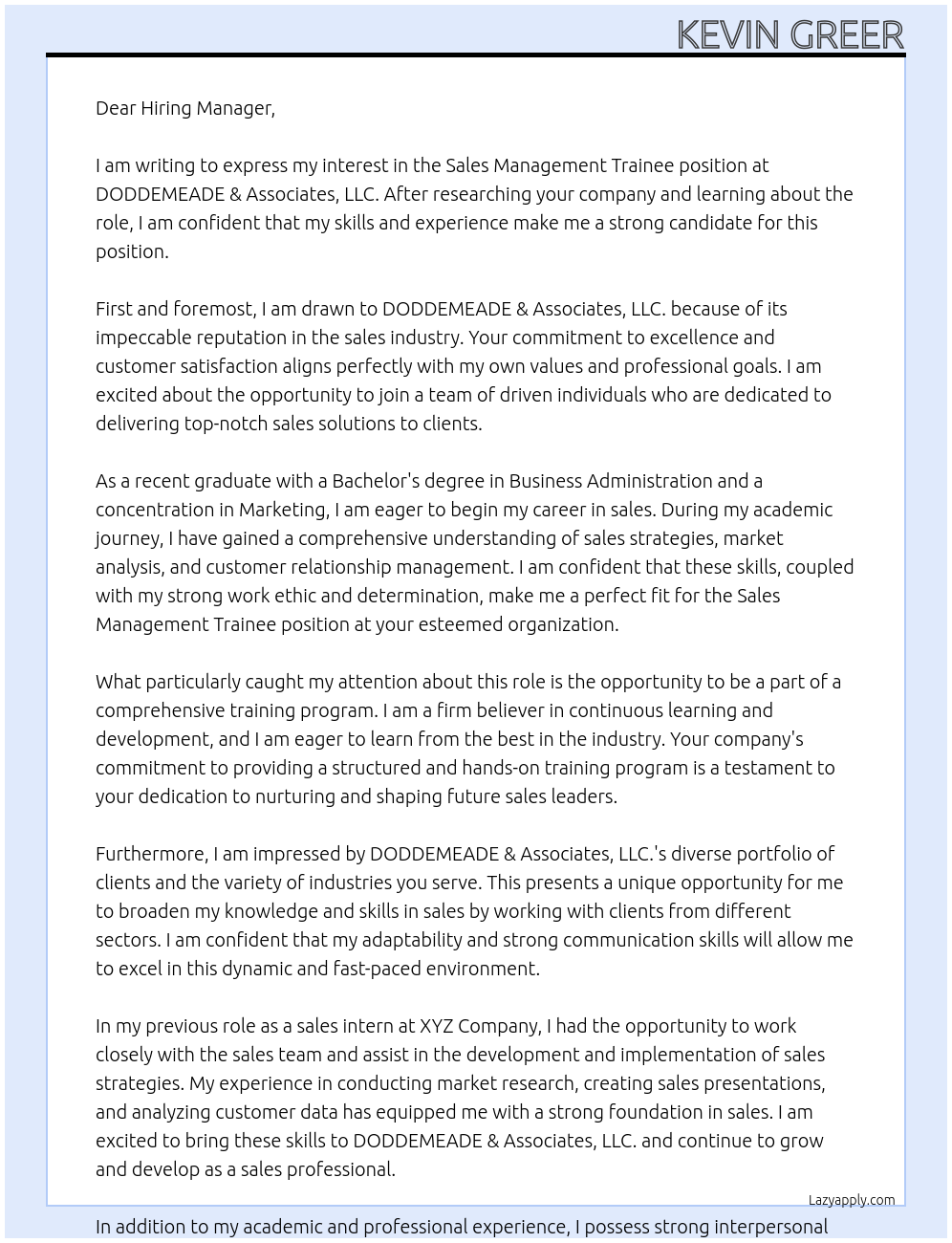 Cover letter for sales management trainee - LazyApply