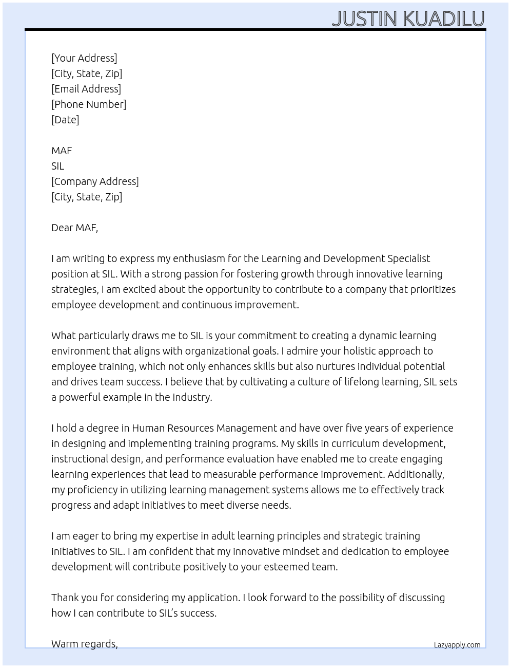 Cover letter for learning and development specialist - LazyApply
