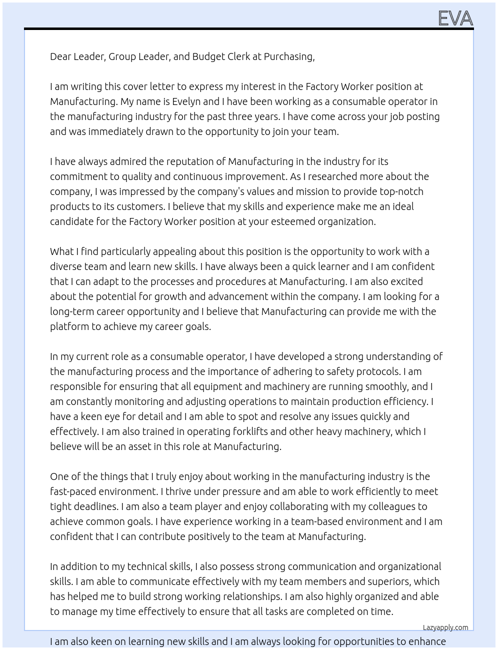 Cover letter for factory worker - LazyApply