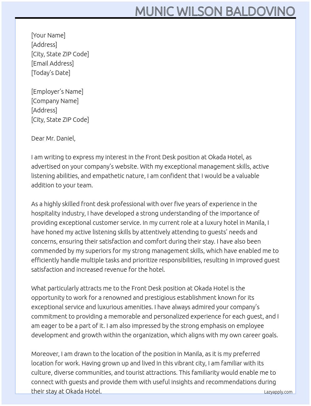 Cover letter for front desk - LazyApply