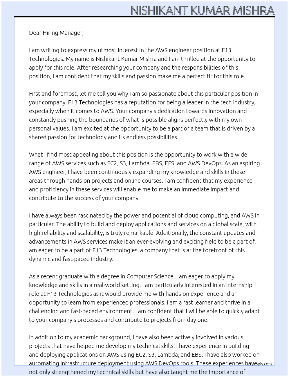 Cover letter for aws engineer - LazyApply