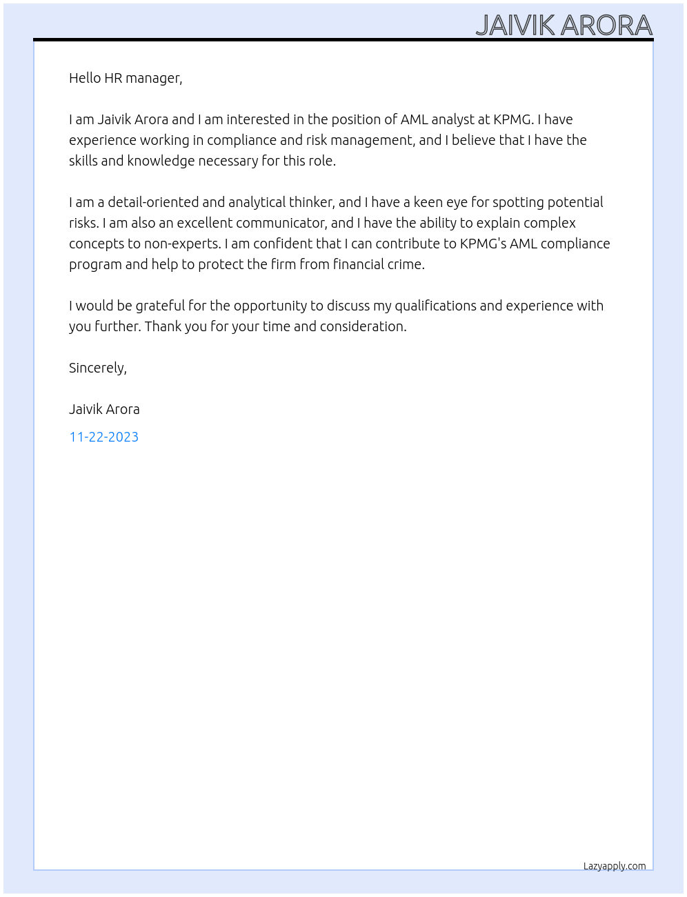 Cover letter for aml analyst - LazyApply