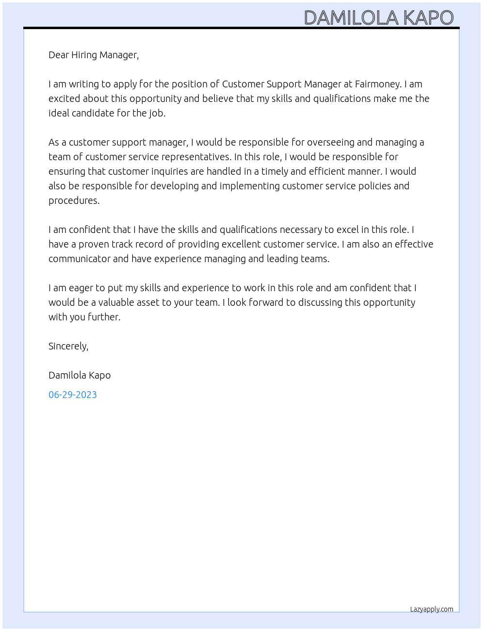 Cover letter for customer support manager - LazyApply