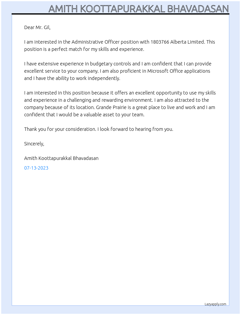 Cover letter for administrative officer - LazyApply