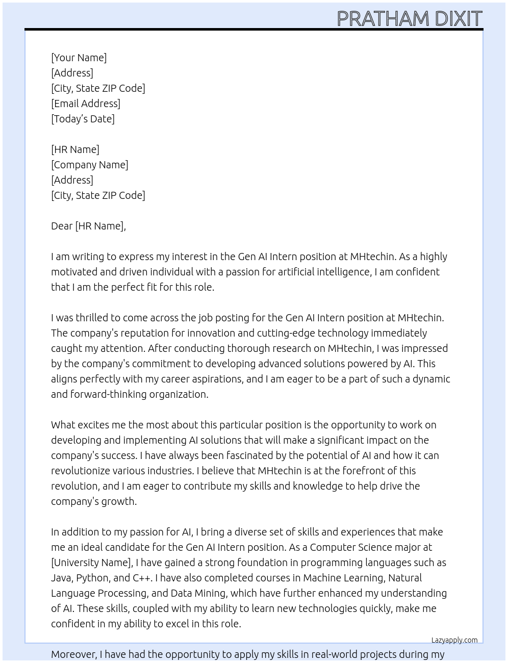 Cover letter for gen ai intern - LazyApply