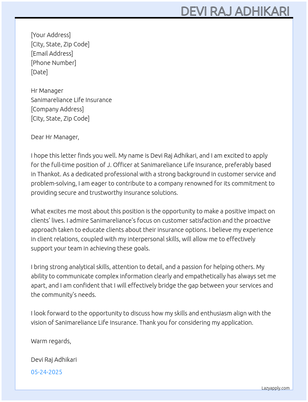 Cover letter for j.officer - LazyApply