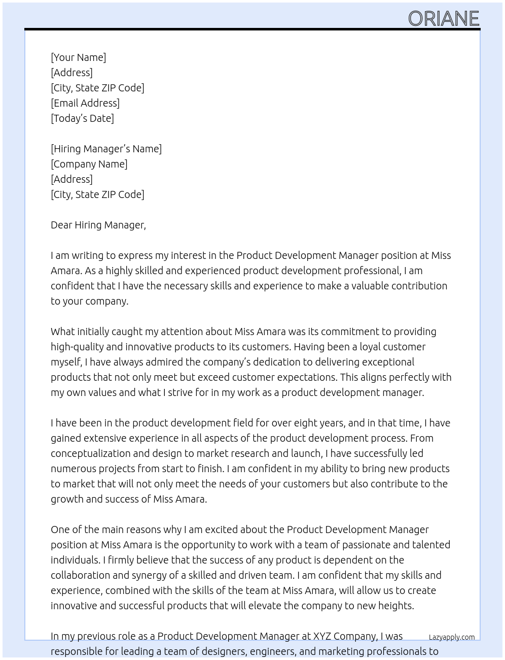 Cover letter for product development manager - LazyApply