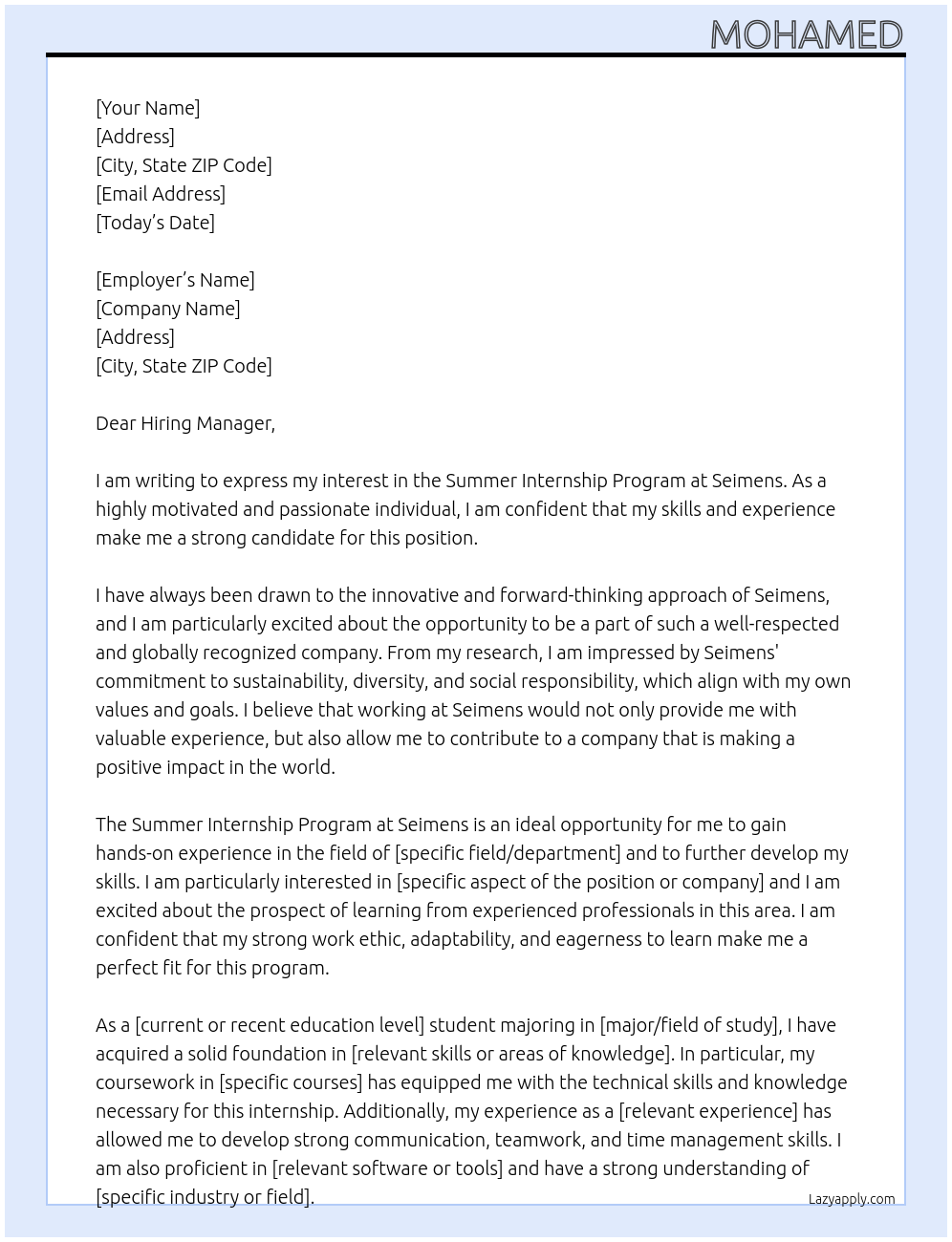 Cover letter for summer internship program - LazyApply