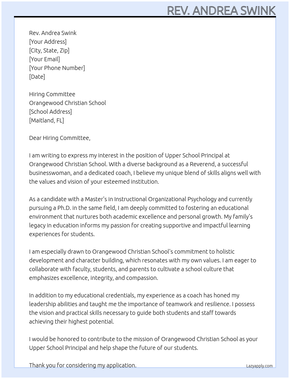Cover letter for upper school principal - LazyApply