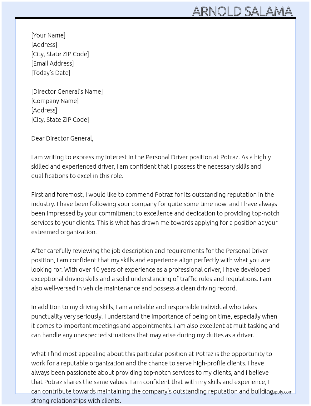 Cover letter for personal driver - LazyApply