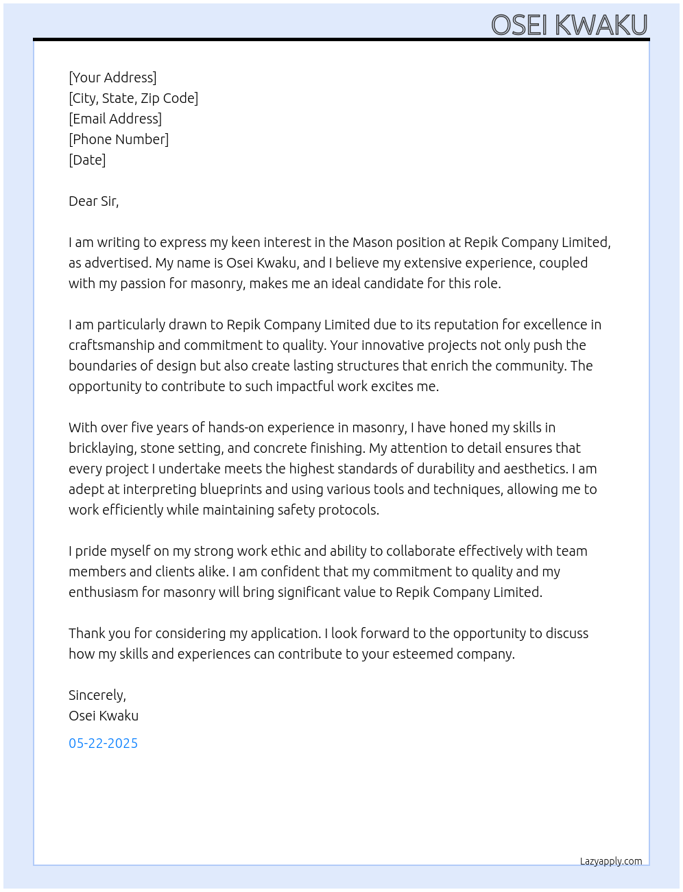 Cover letter for mason - LazyApply