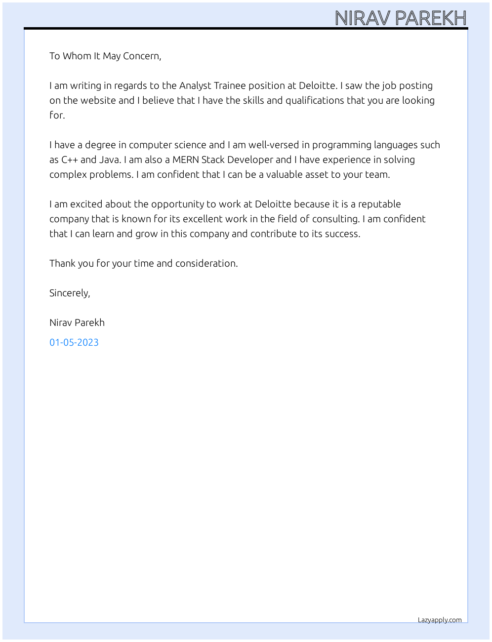 Cover Letter For Analyst Trainee LazyApply