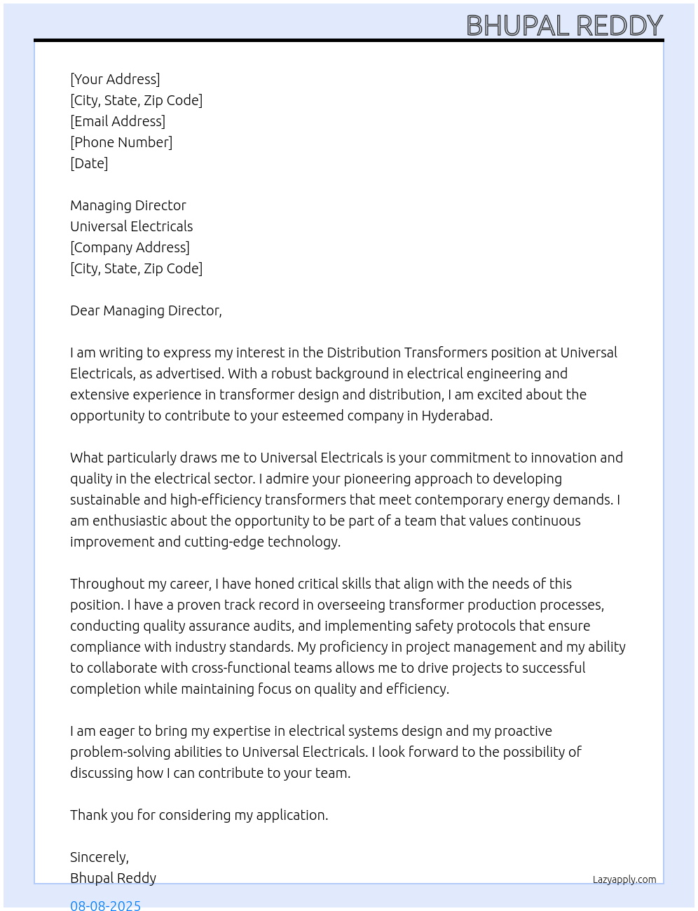 Cover letter for distribution transformers - LazyApply