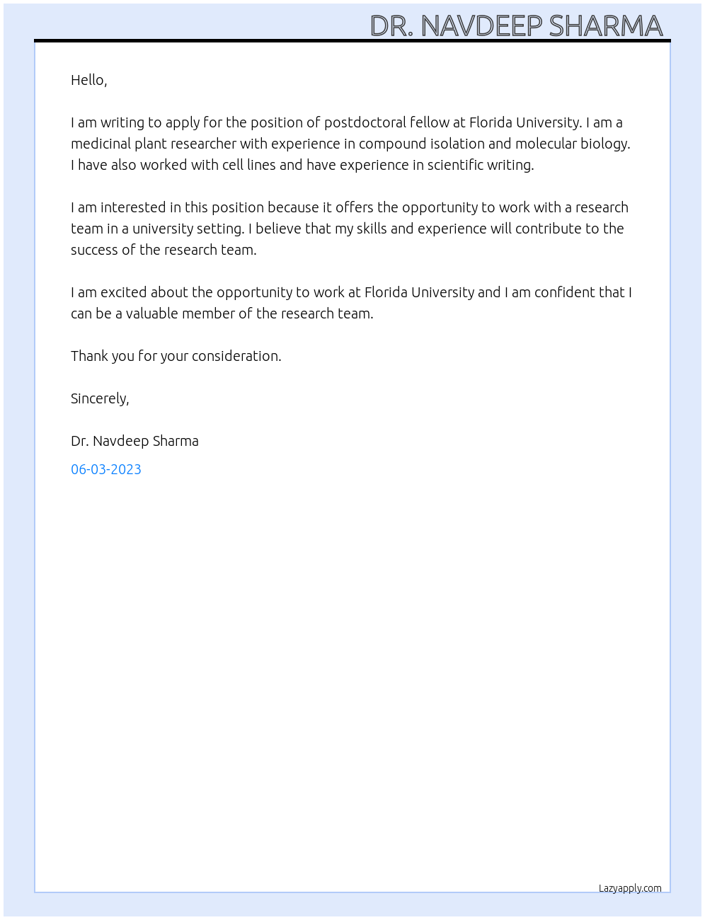 Cover letter for post doctoral fellow - LazyApply