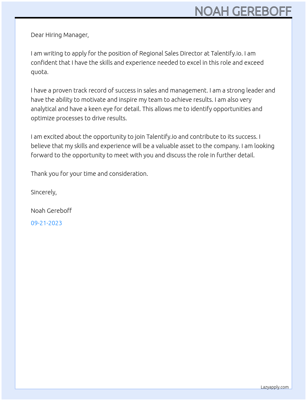 Cover letter for regional sales director - LazyApply