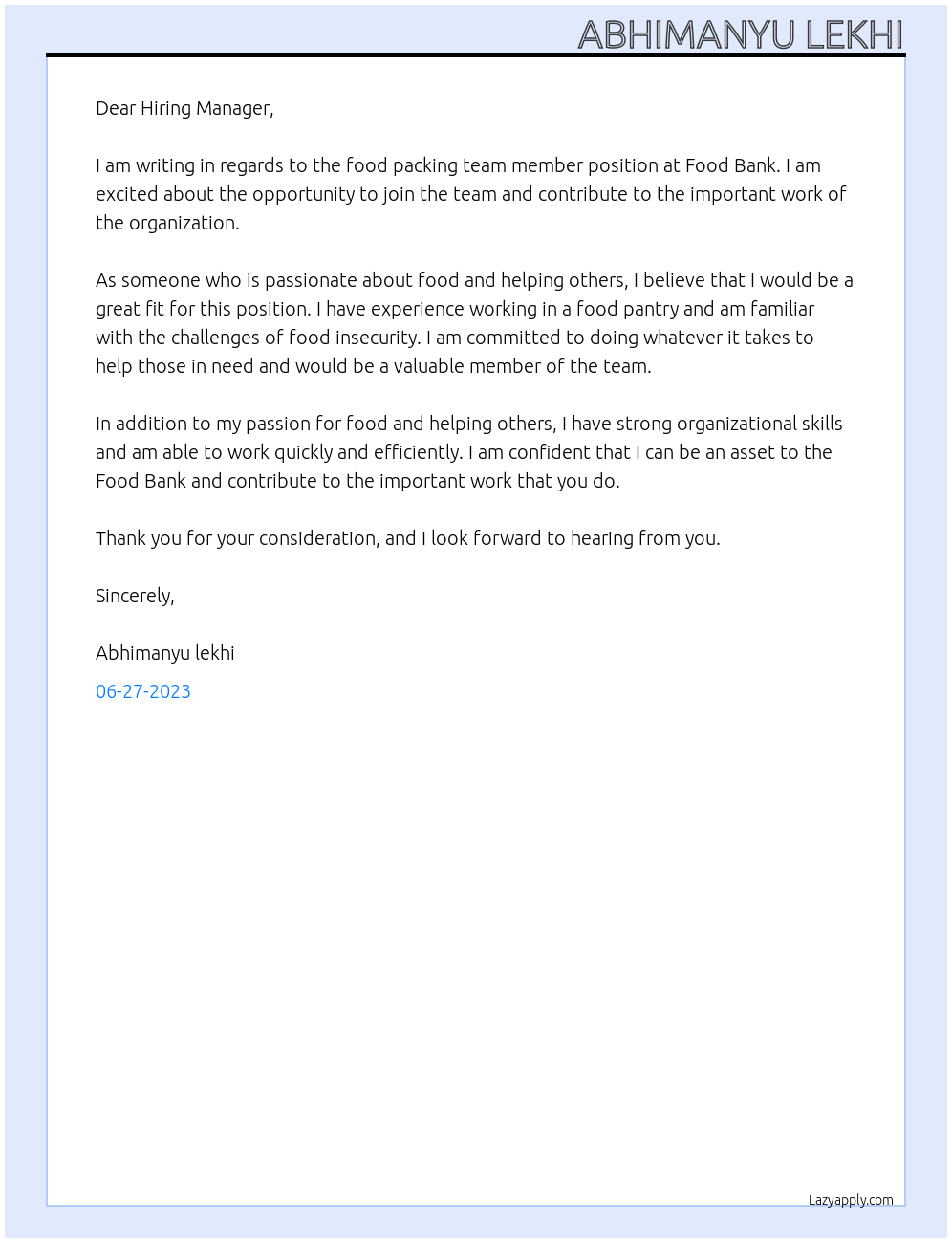 Cover letter for food packing team member - LazyApply