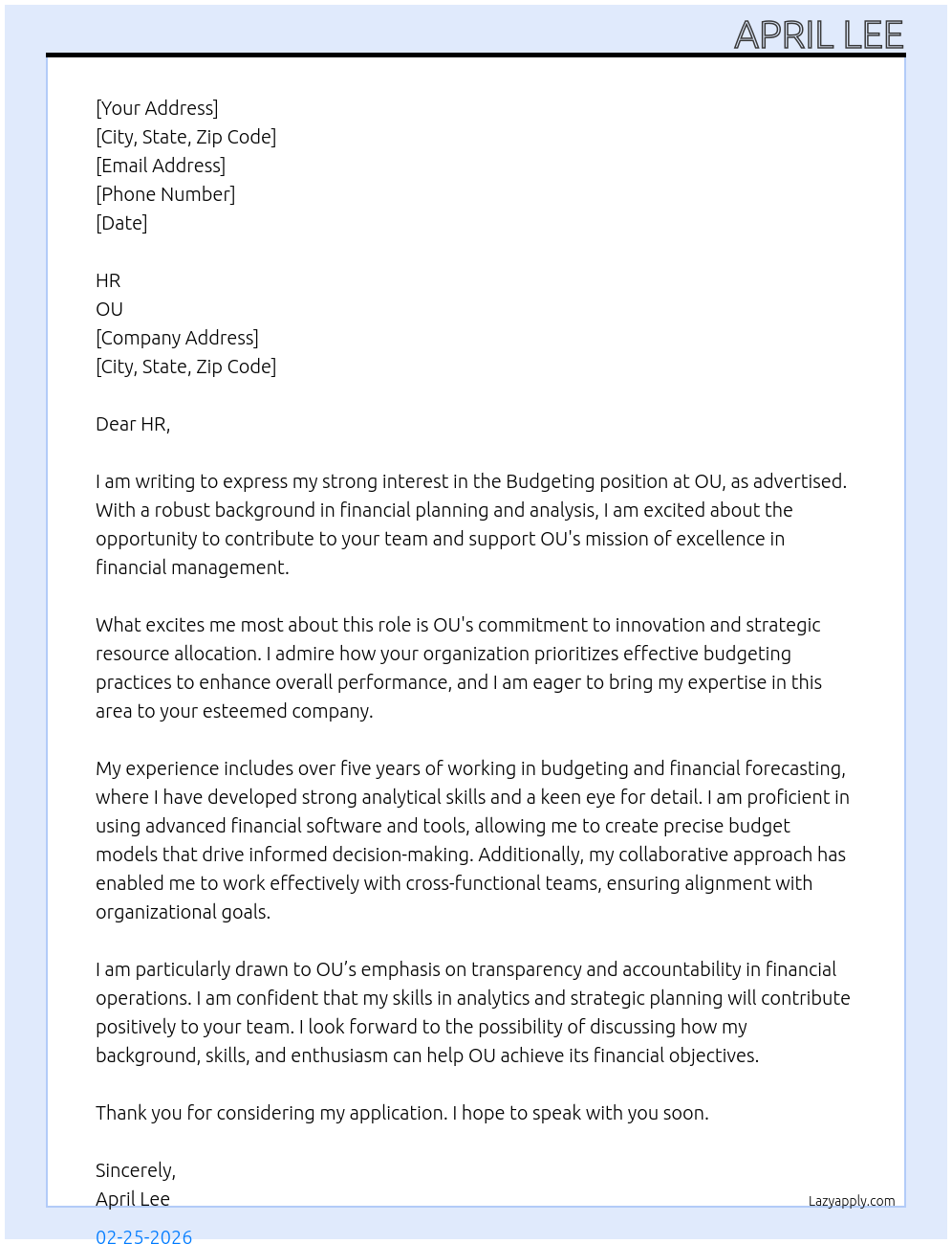 Cover letter for budgeting - LazyApply