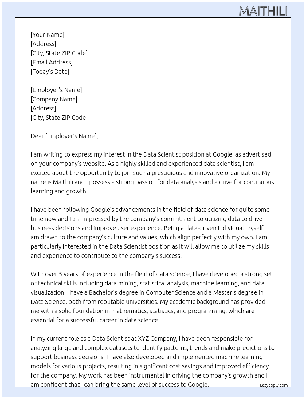 Cover letter for data scientist - LazyApply