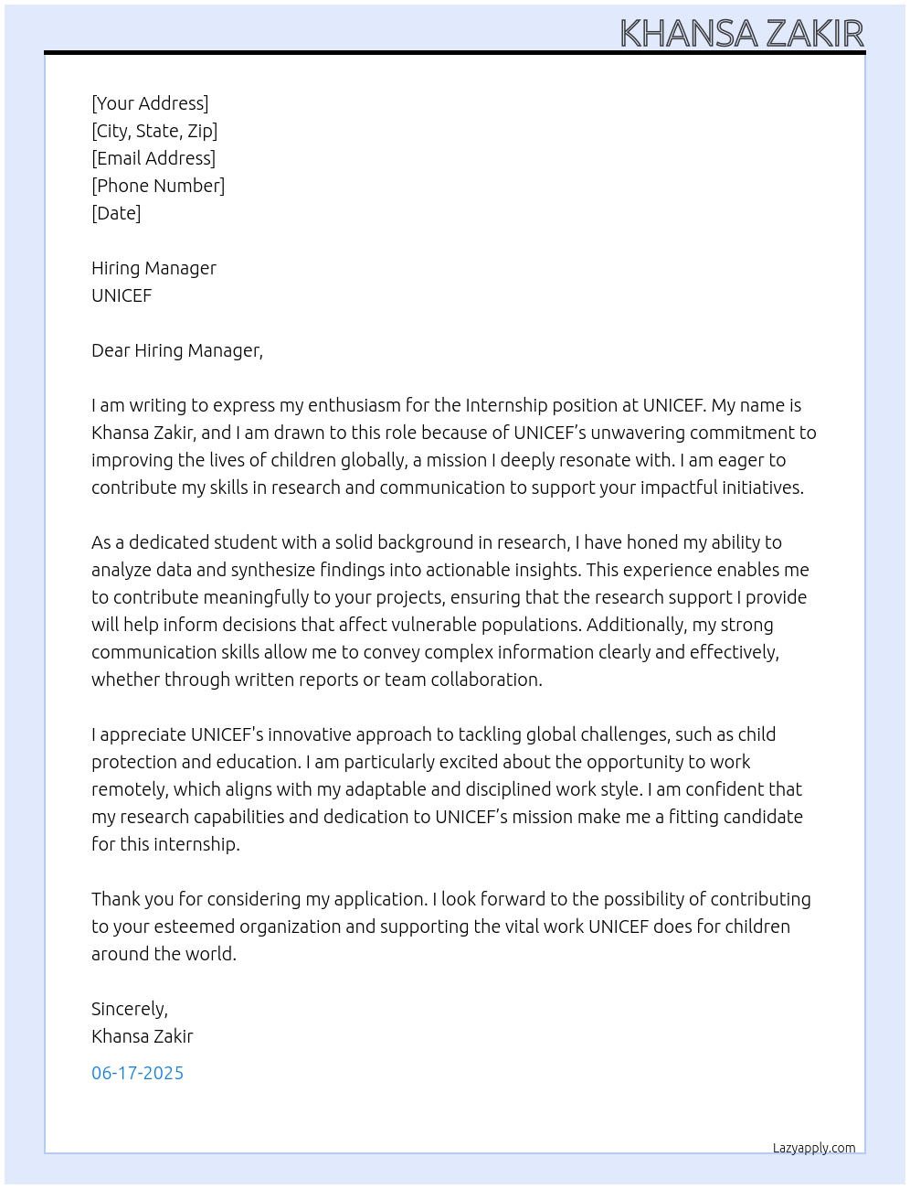 Cover letter for unicef - LazyApply