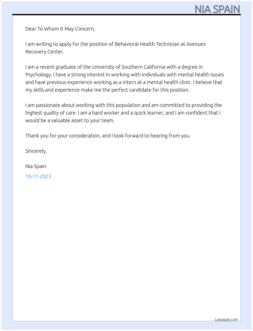 Cover letter for behavioral health technician - LazyApply