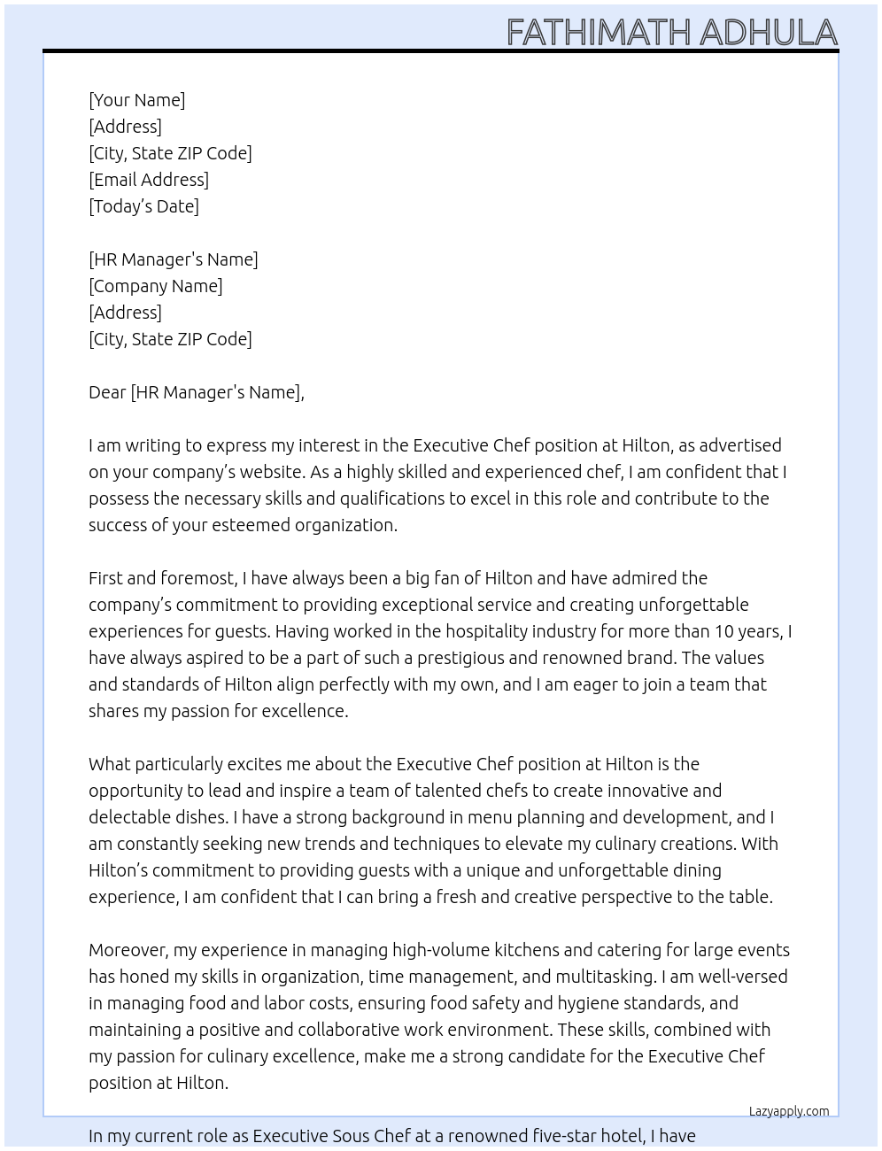 Cover letter for executive chef - LazyApply