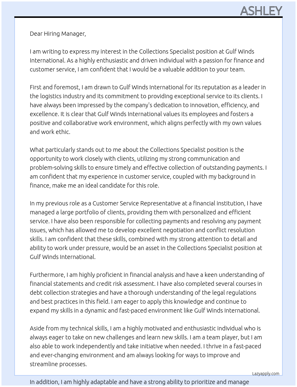 Cover letter for collections specialist - LazyApply