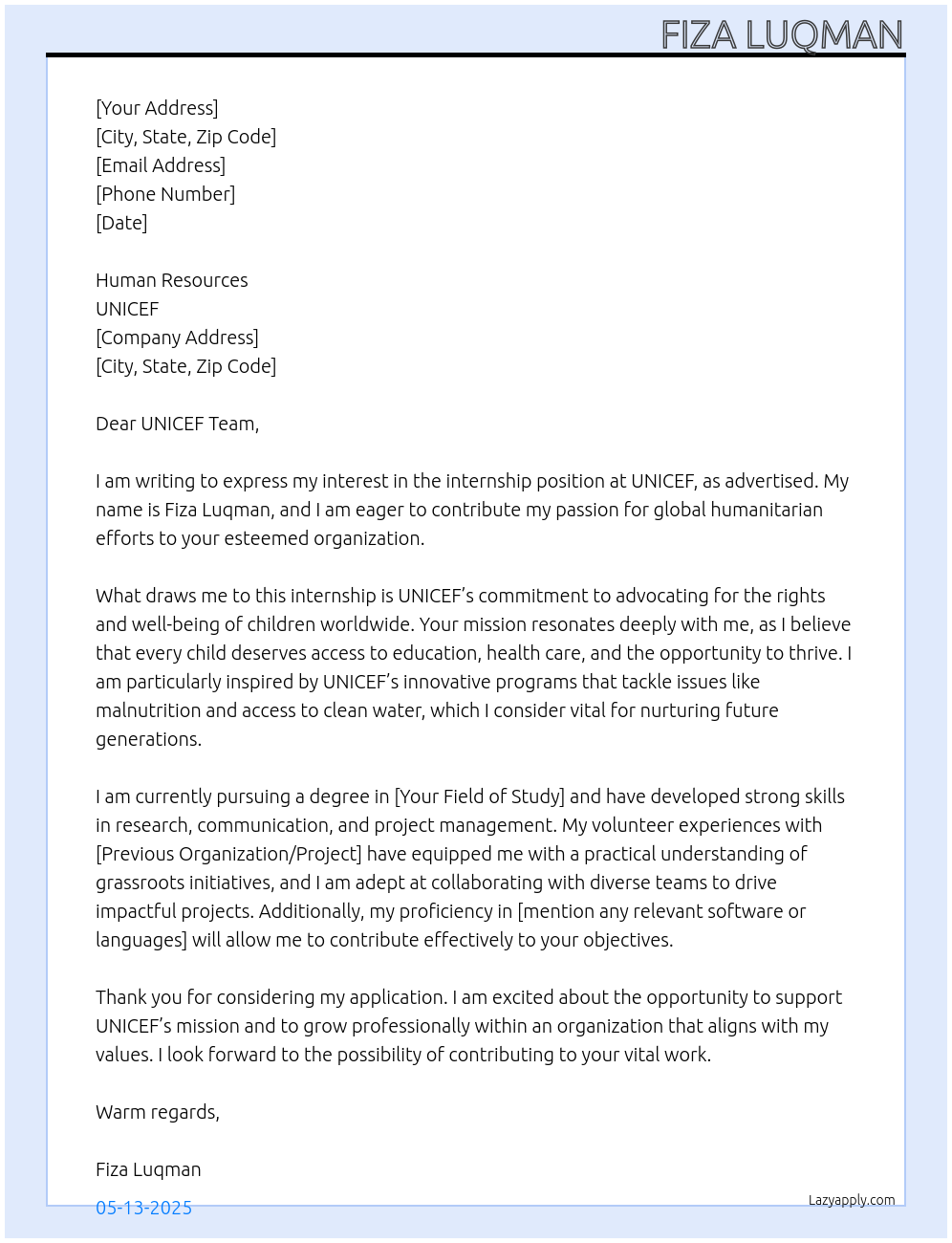 Cover letter for internship - LazyApply