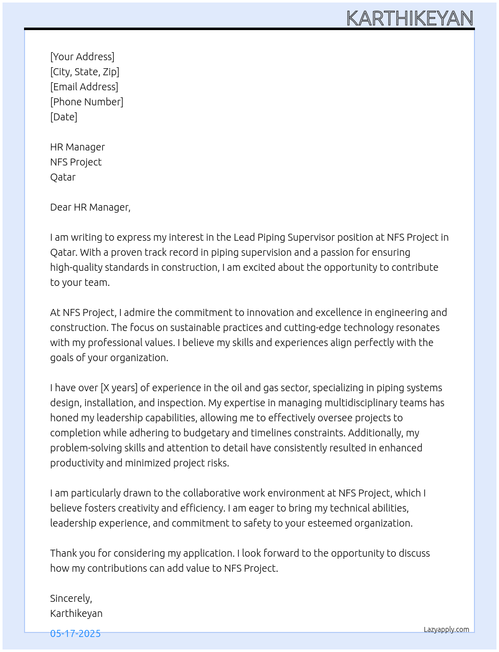 Cover letter for lead piping supervisor - LazyApply