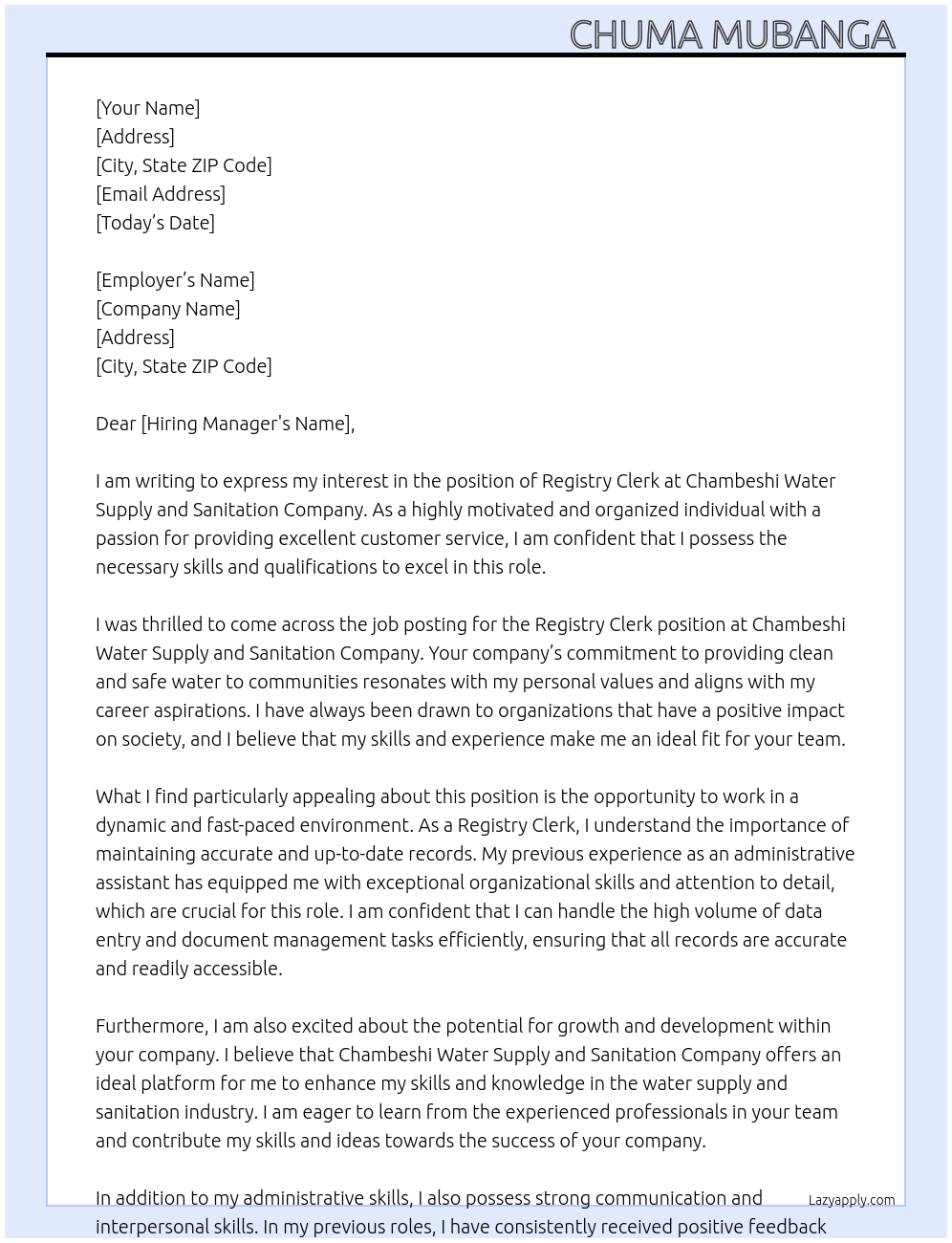 Cover letter for registry clerk - LazyApply