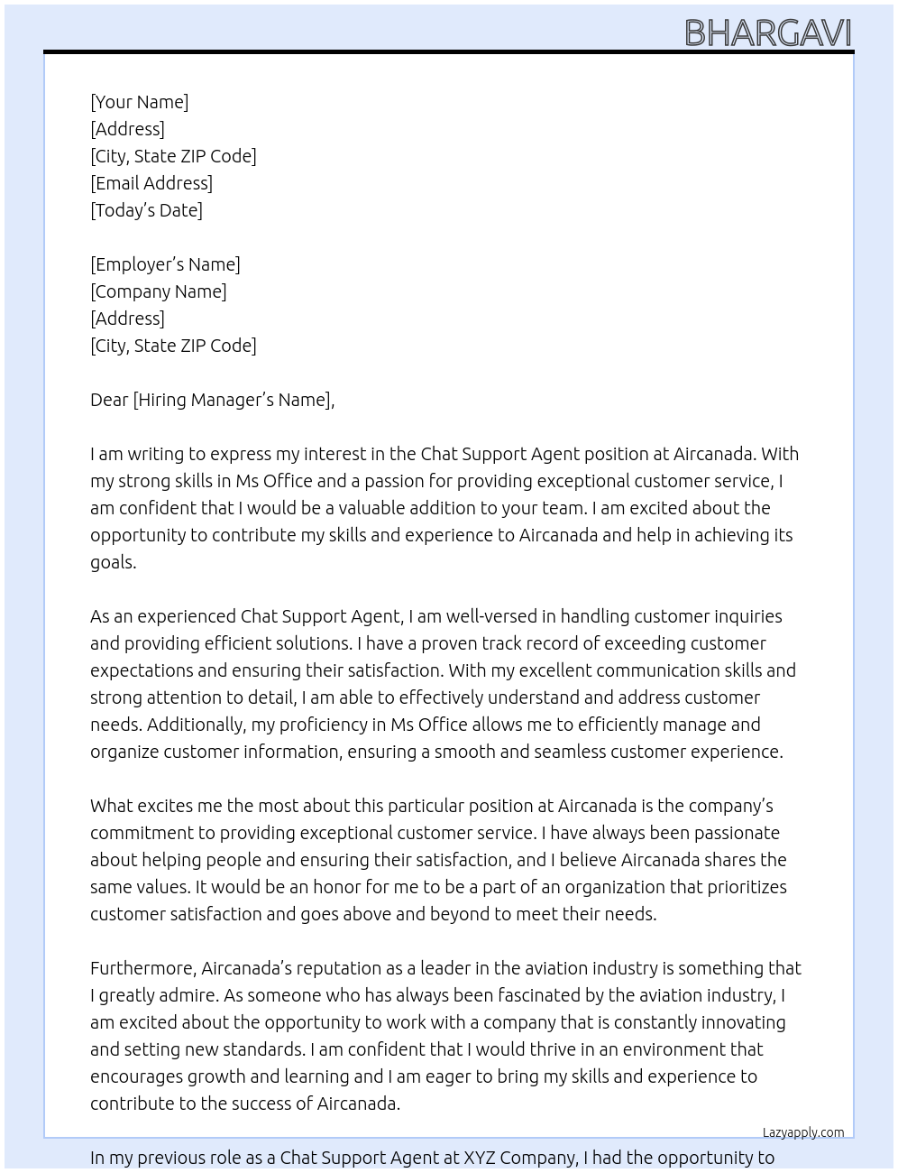 Cover letter for chat support agent - LazyApply