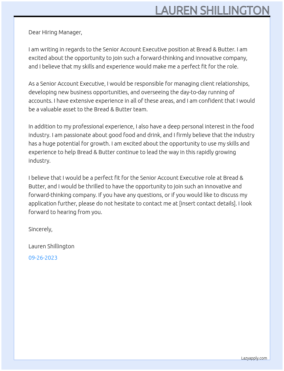 Cover letter for senior account executive - LazyApply