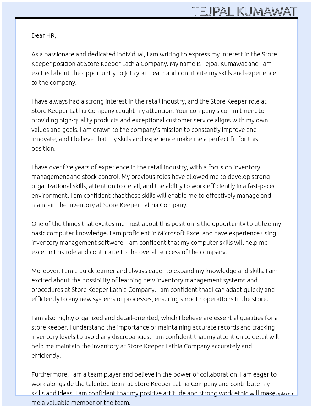 Cover letter for store keeper - LazyApply