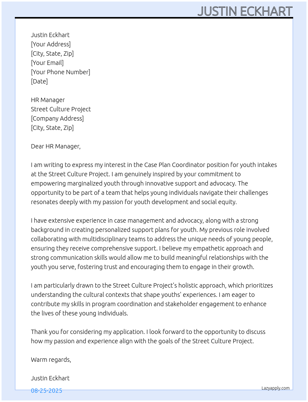Cover letter for case plan coordinator *youth intakes* - LazyApply