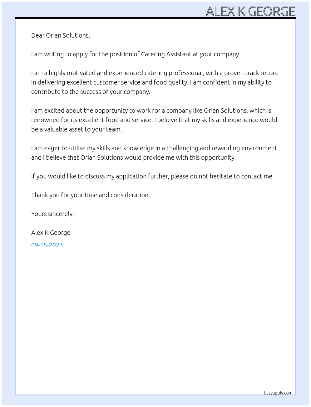 Cover letter for catering assistant - LazyApply